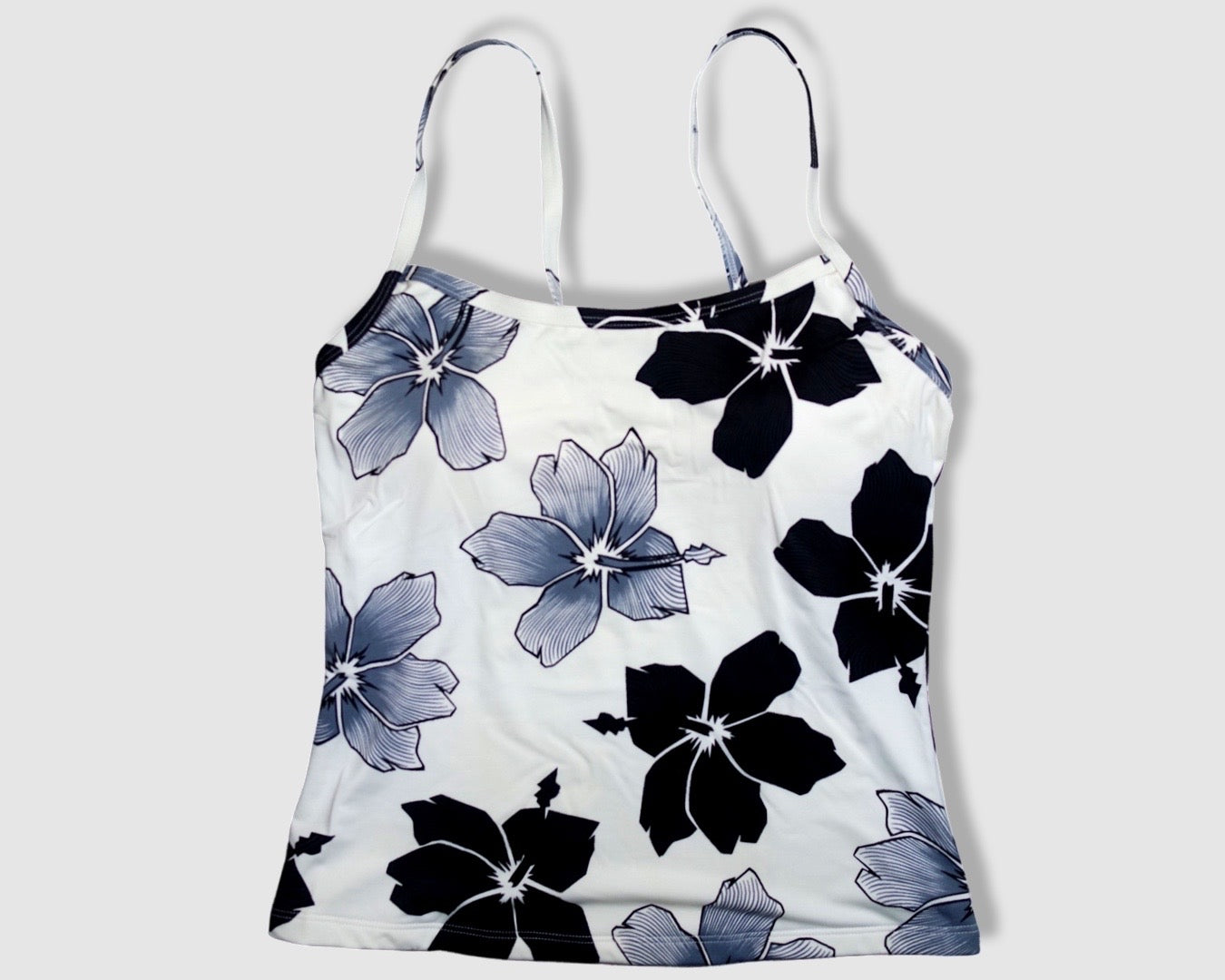 Two Piece Cami Tankini Set - White and Black Hibiscus Floral Pattern ...